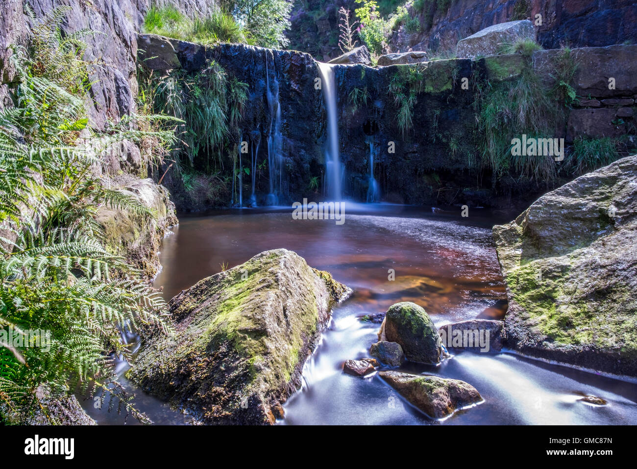 The river Yarrow flowing down the waterfall at the White Coppice in ...