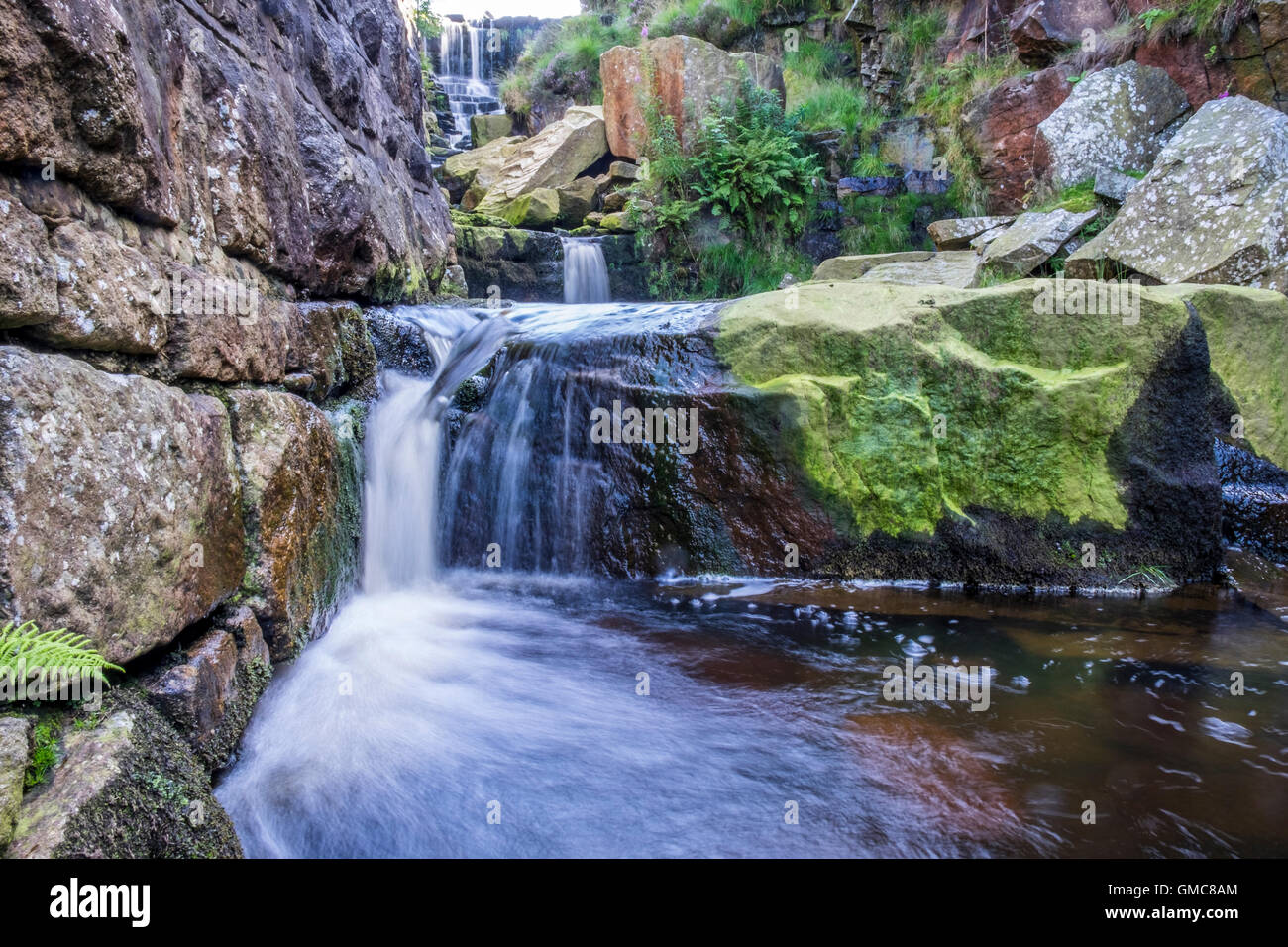 The river Yarrow flowing down the waterfall at the White Coppice in ...