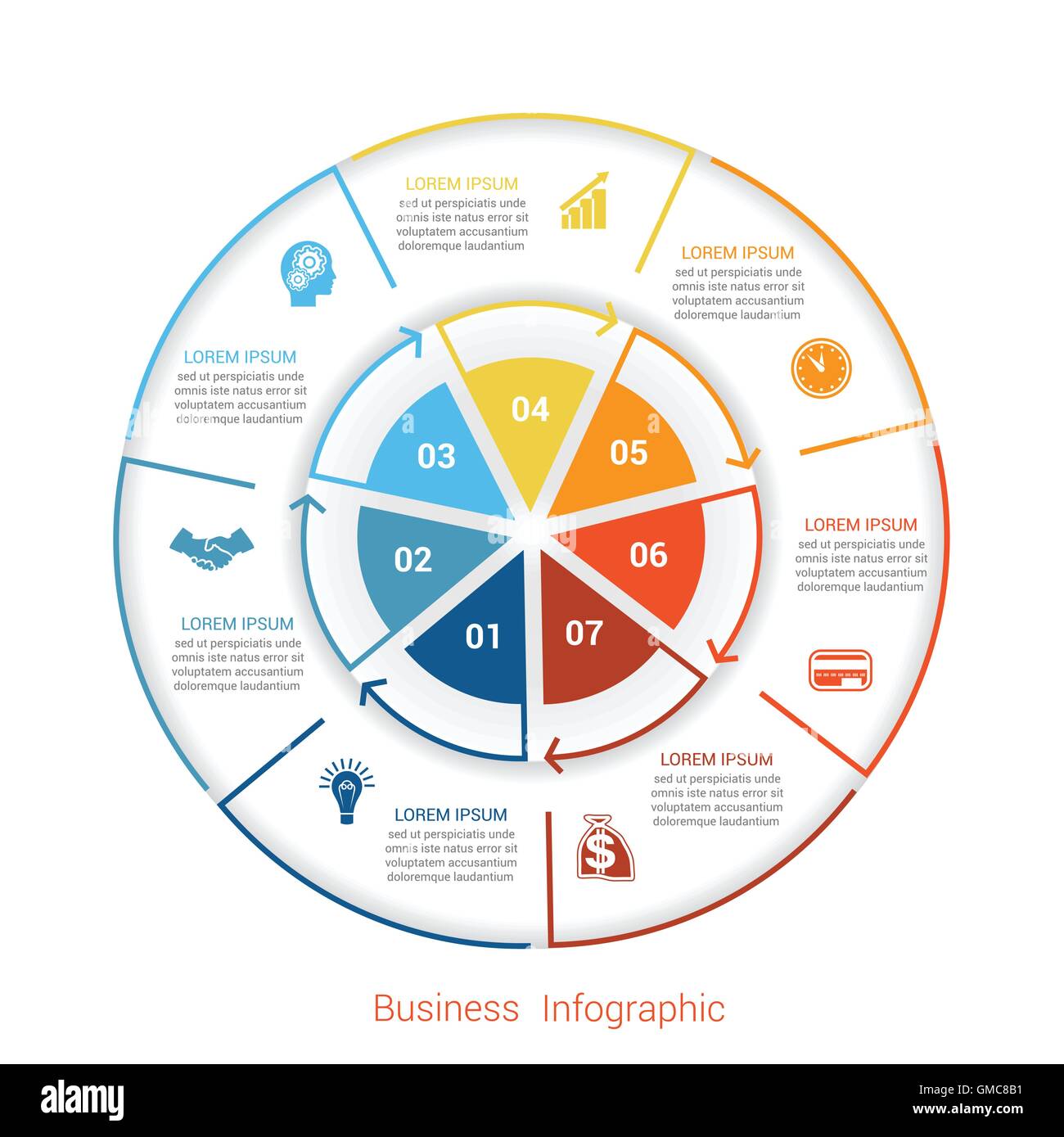 Template infographic seven position, steps, parts, with text area ...