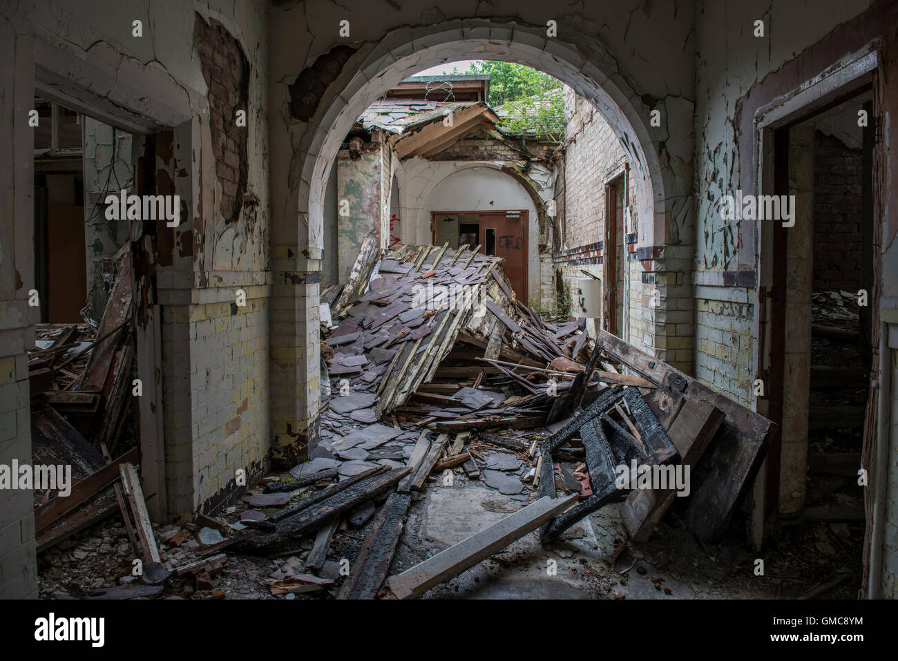 One of the corridors now unsafe at Denbigh Asylum, Denbigh ...
