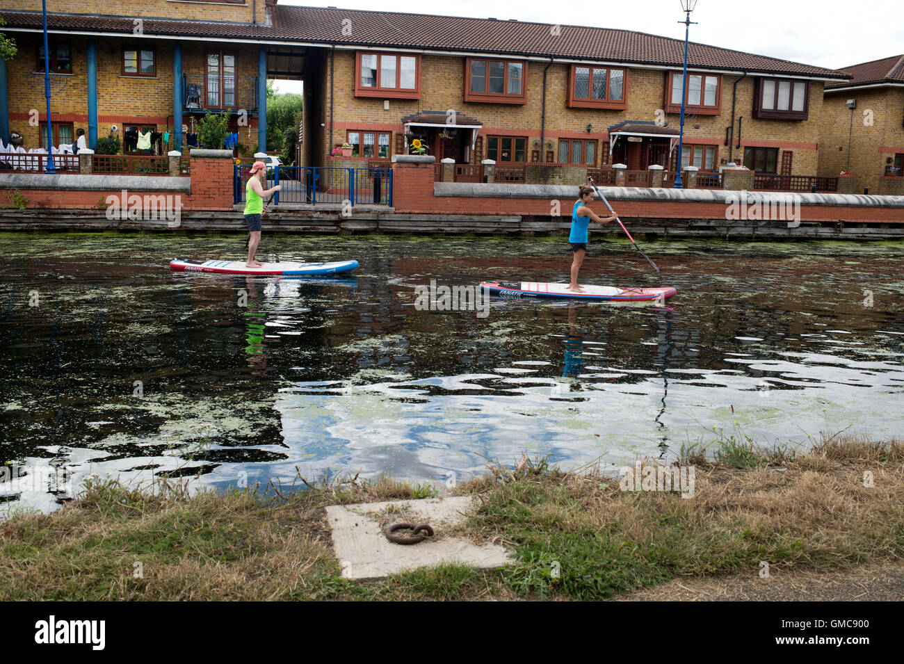 Hackney. Lee Valley Navigation. Two people on boards paddle along Stock ...