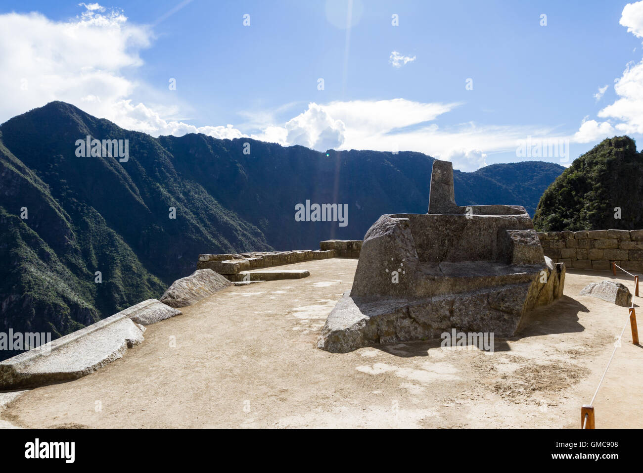 Machu Pichu, Peru - May 16 : Sun dial on top of the Inca Ruins of Machu ...