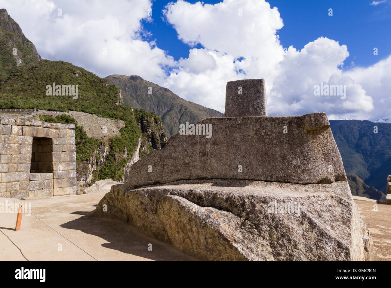 Machu Pichu, Peru - May 16 : Sun dial on top of the Inca Ruins of Machu ...