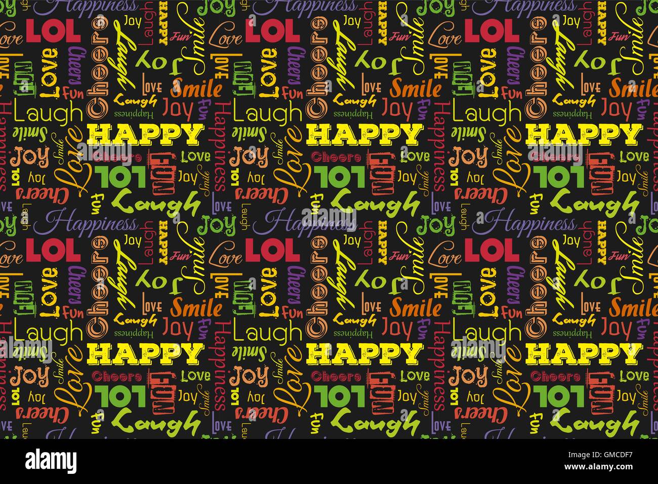 Colorful seamless pattern with words: happy, joy, laugh, smile ...