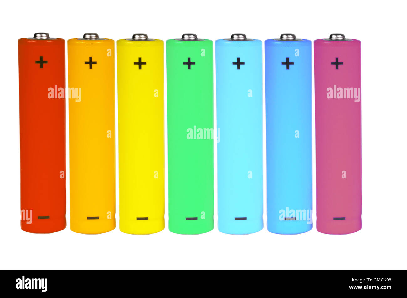 Seven batteries of different colors Stock Photo - Alamy