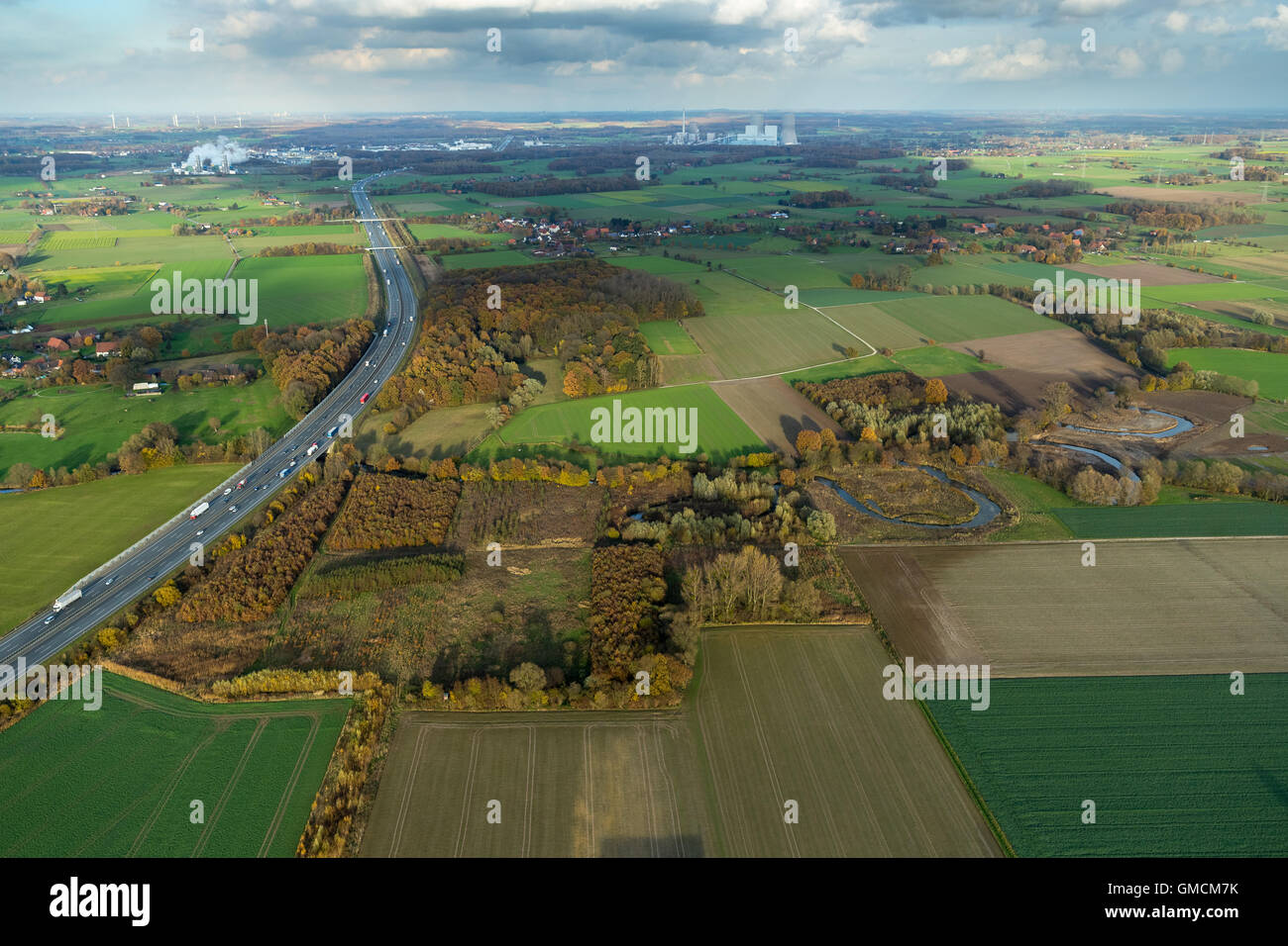 Aerial view, river meanders, A2 bridge over the river Ahse, Ahse, river ...