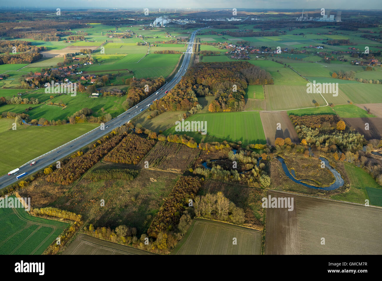 Aerial view, river meanders, A2 bridge over the river Ahse, Ahse, river ...