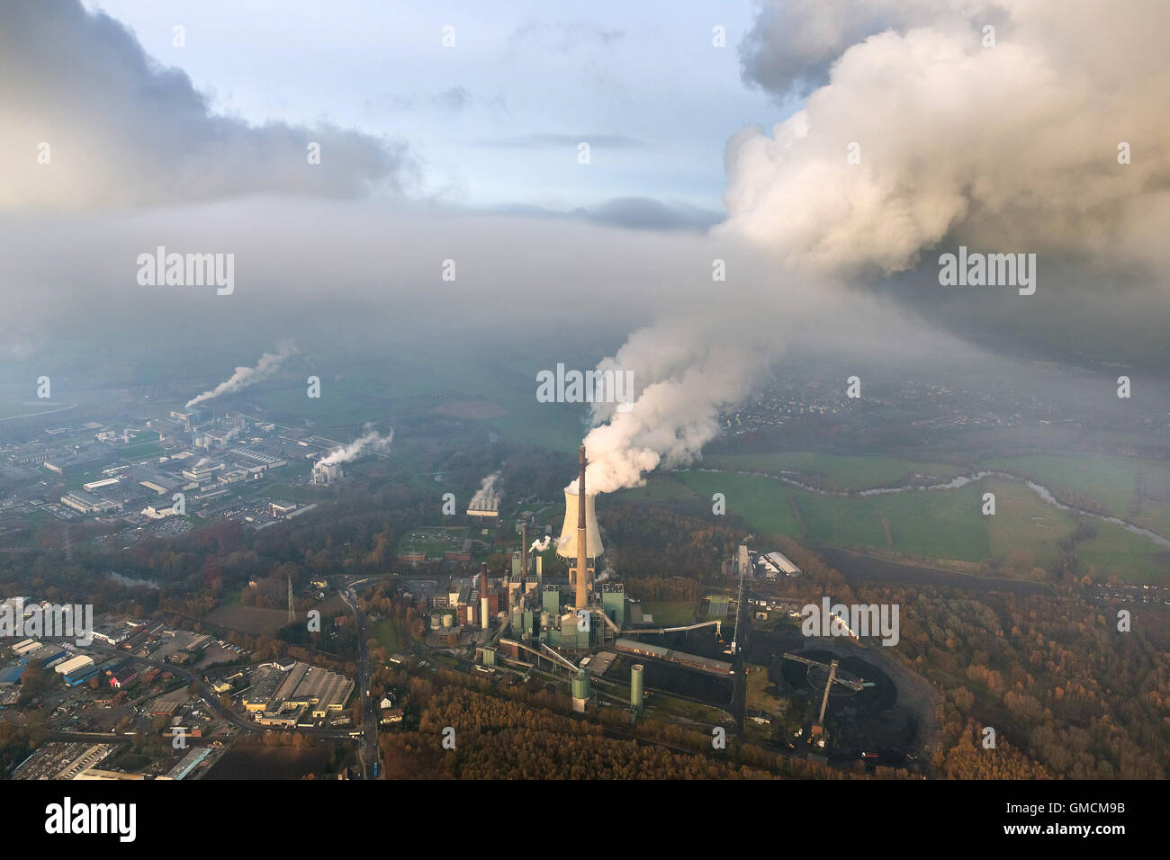 Aerial view, stratus, stratocumulus, STEAG power plant Lünen, coal ...