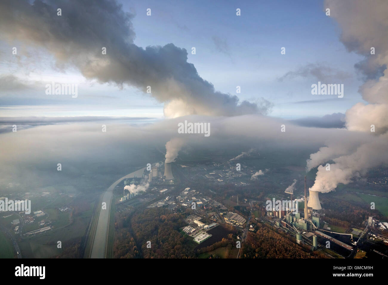 Aerial view, stratus, stratocumulus, right the STEAG power plant Lünen ...