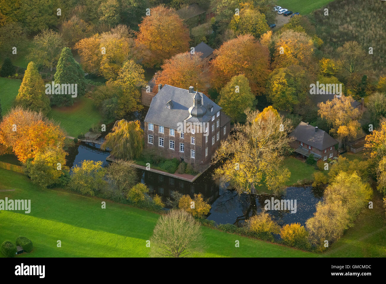 Aerial view, moated castle, Haus Voerde in autumnal park, Voerde, Ruhr ...