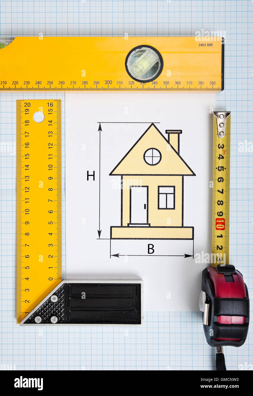 drawing at home with construction tools Stock Photo - Alamy