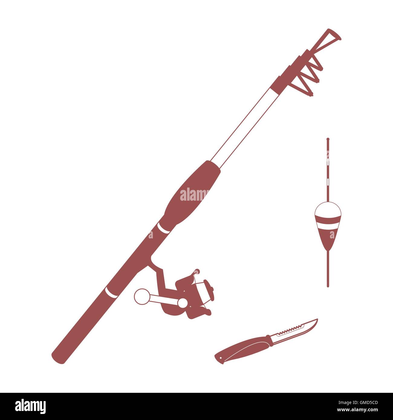 Stylized icon set of different tools for fishing on a white background ...