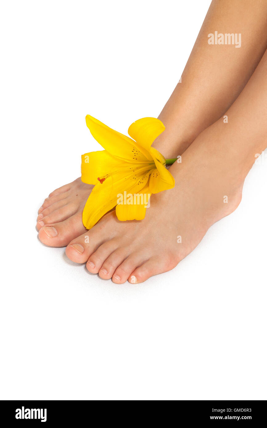 Beautiful woman legs with flower , isolated on white Stock Photo - Alamy