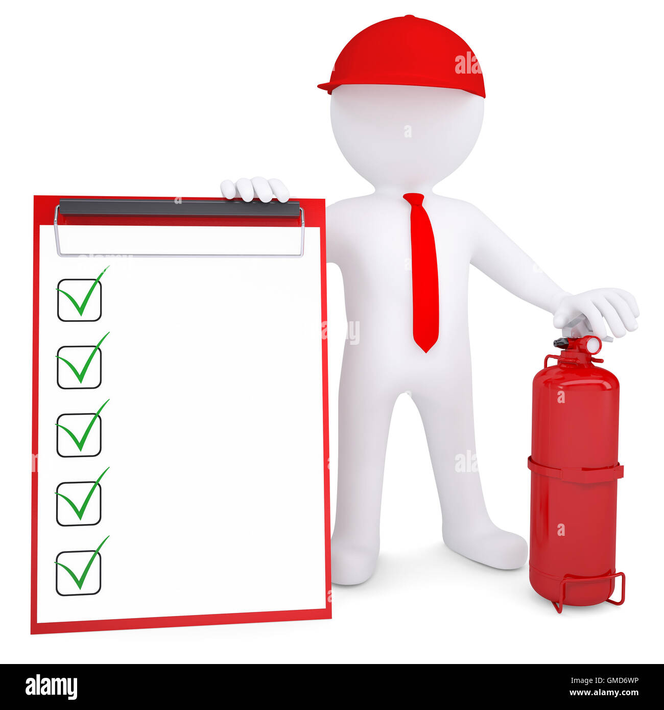 3d man with fire extinguisher and checklist Stock Photo - Alamy