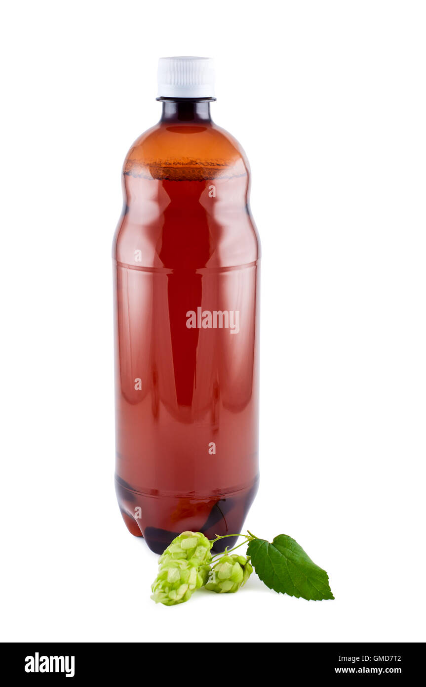 Beer, plastic bottle, hop, isolated on white background Stock Photo - Alamy