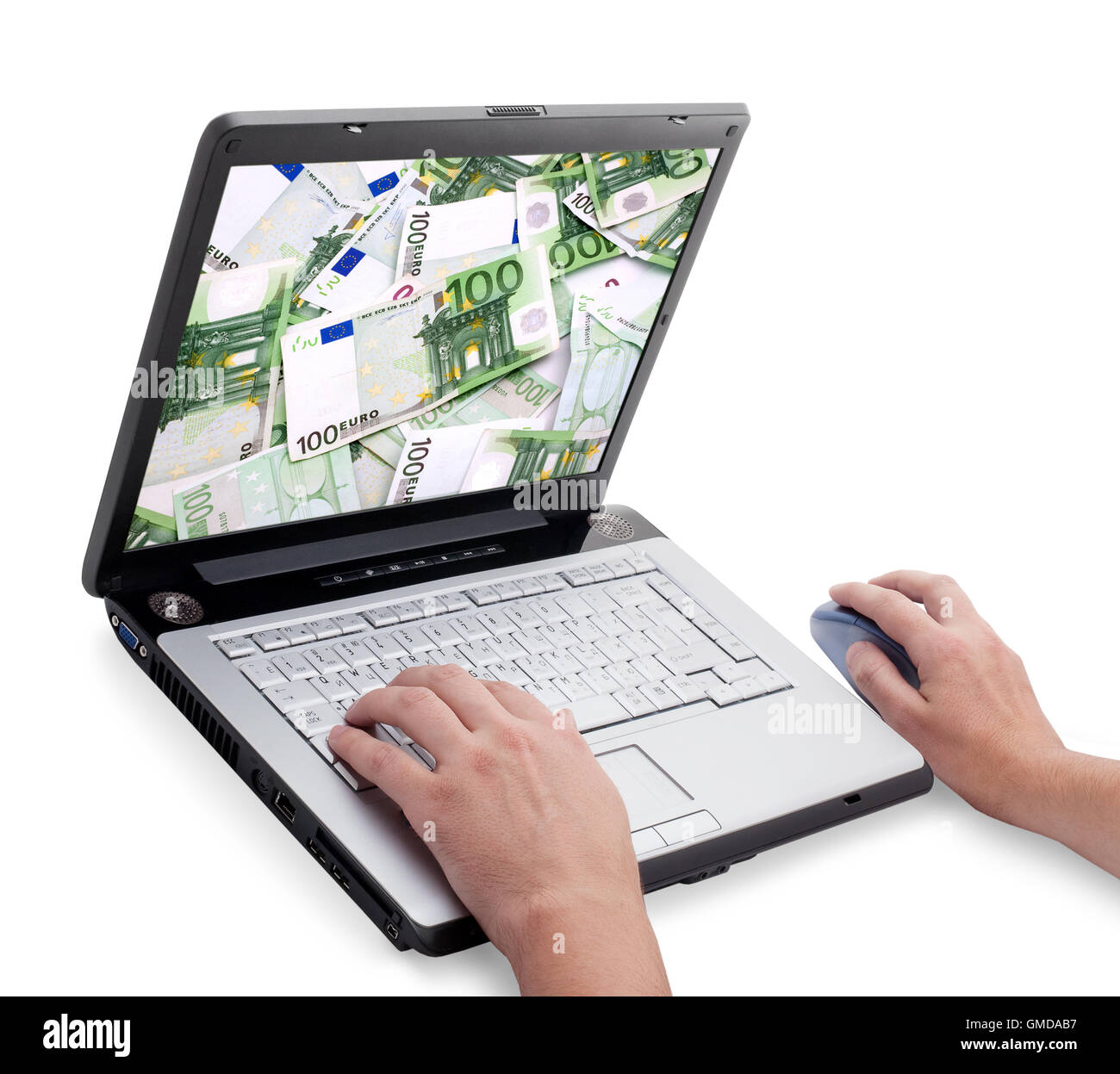 Open laptop with money Stock Photo - Alamy