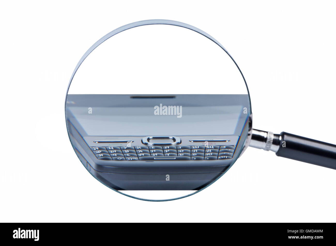 Magnifier and mobile phones on white background isolate Stock Photo - Alamy