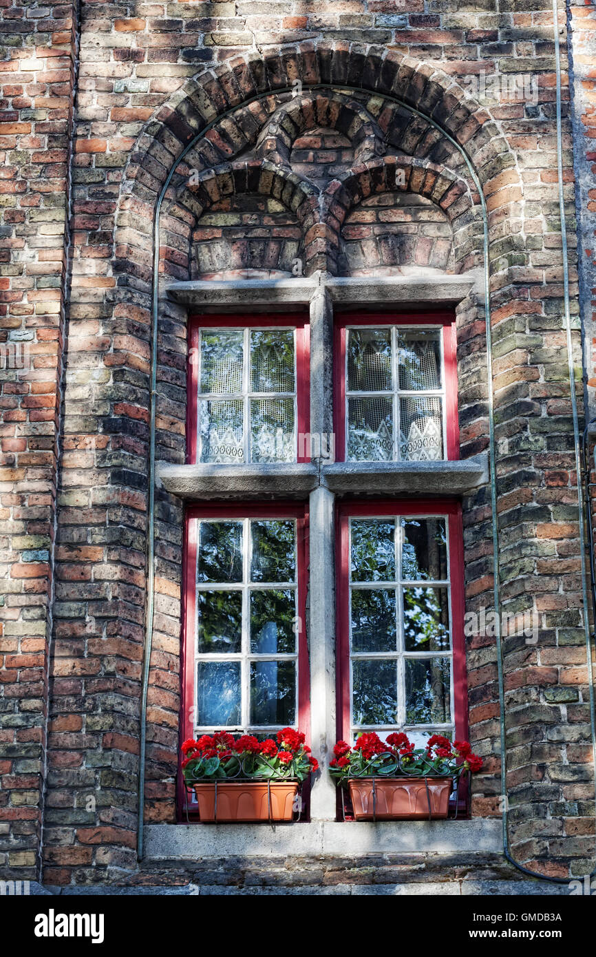 Window with a red frame in the old house Stock Photo - Alamy
