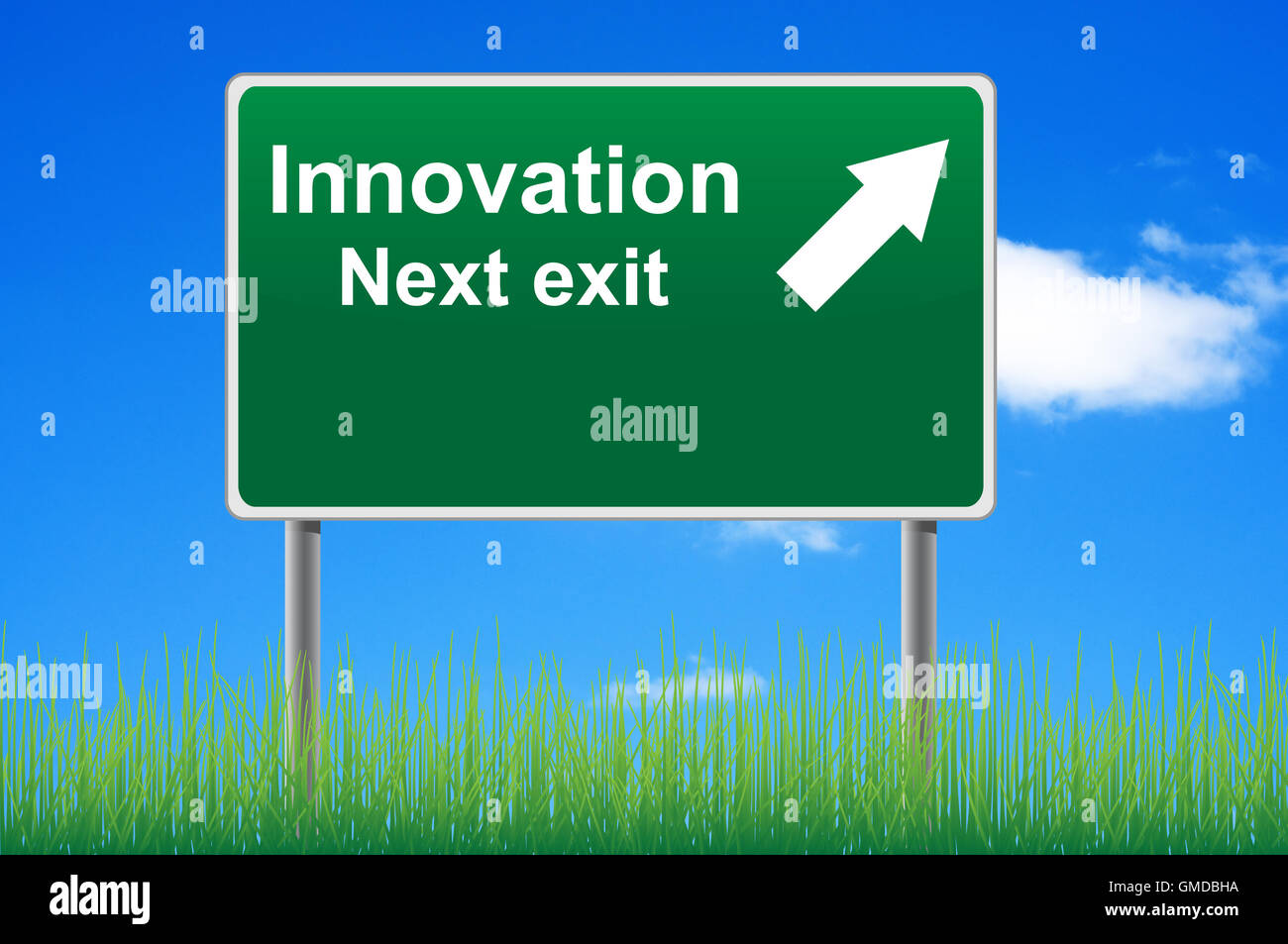 Innovation road sign on sky background, grass underneath Stock Photo ...