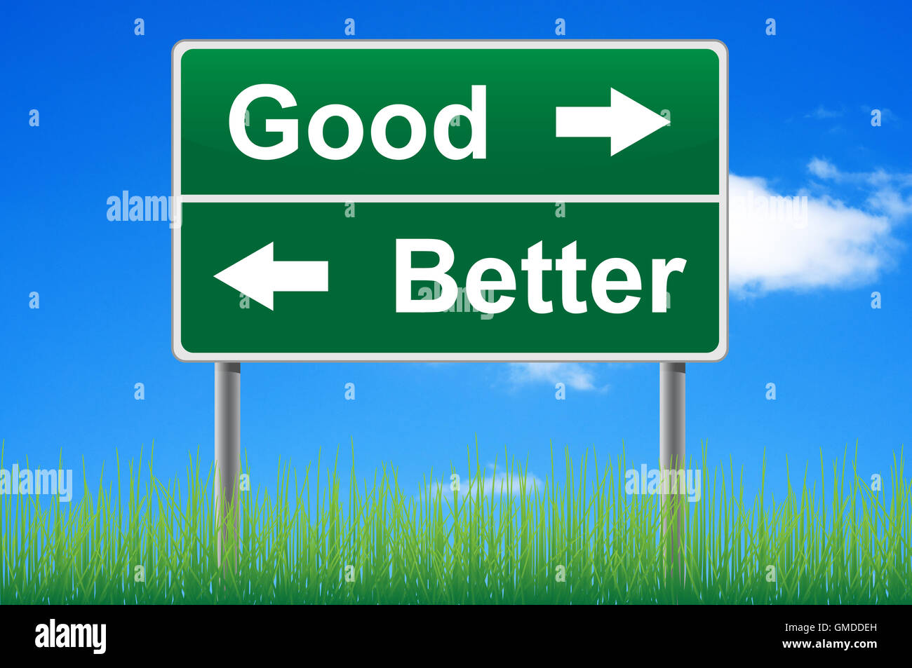 Good and better road sign on sky background, grass underneath Stock ...