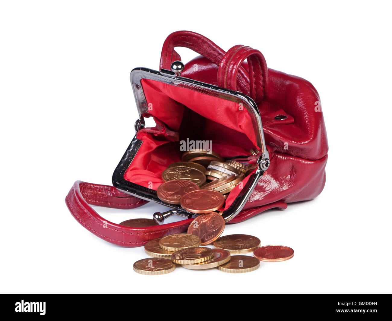 Coins in woman's purse on white background Stock Photo - Alamy