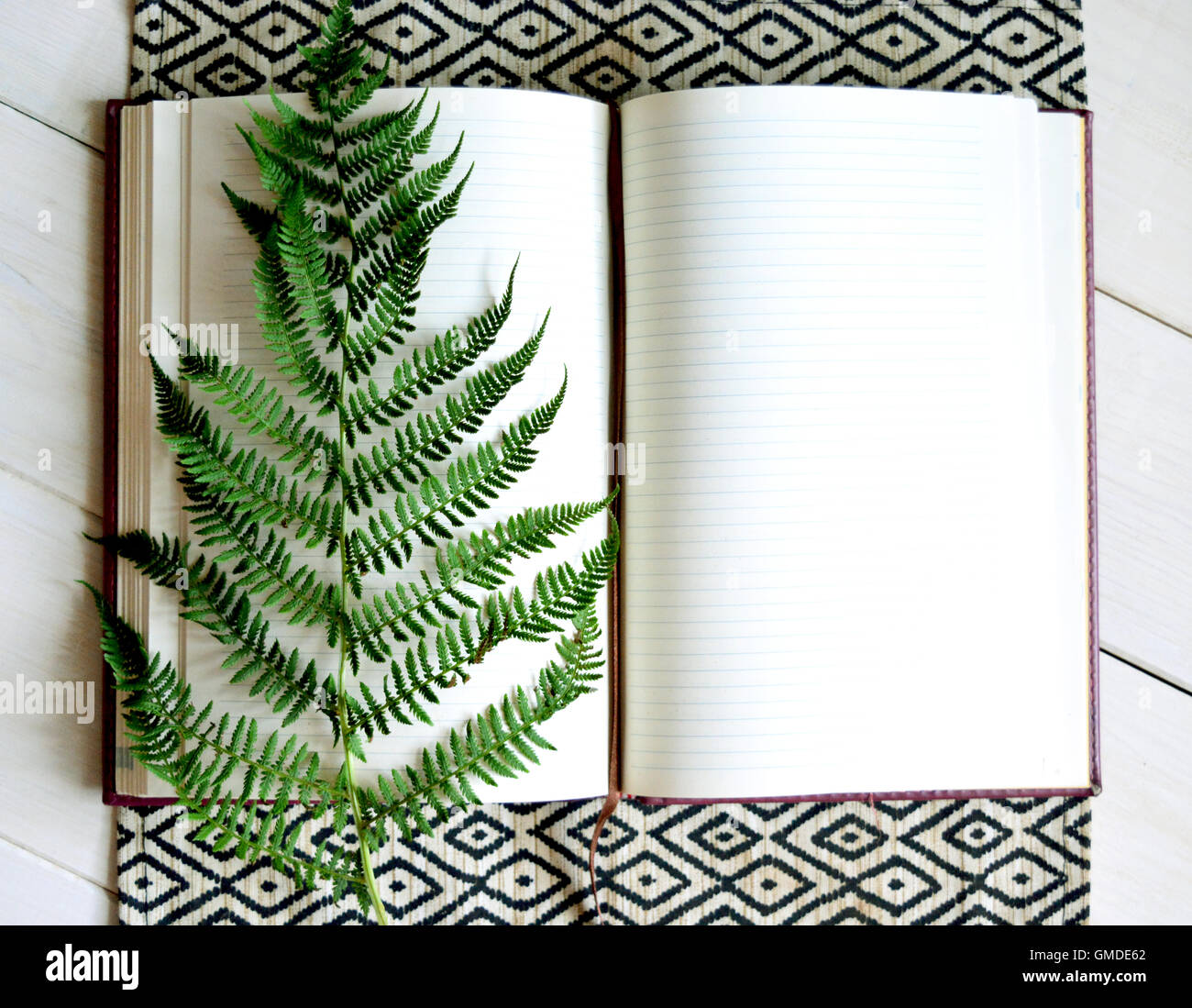Notebook with yellow pencil and fern on white background Stock Photo ...