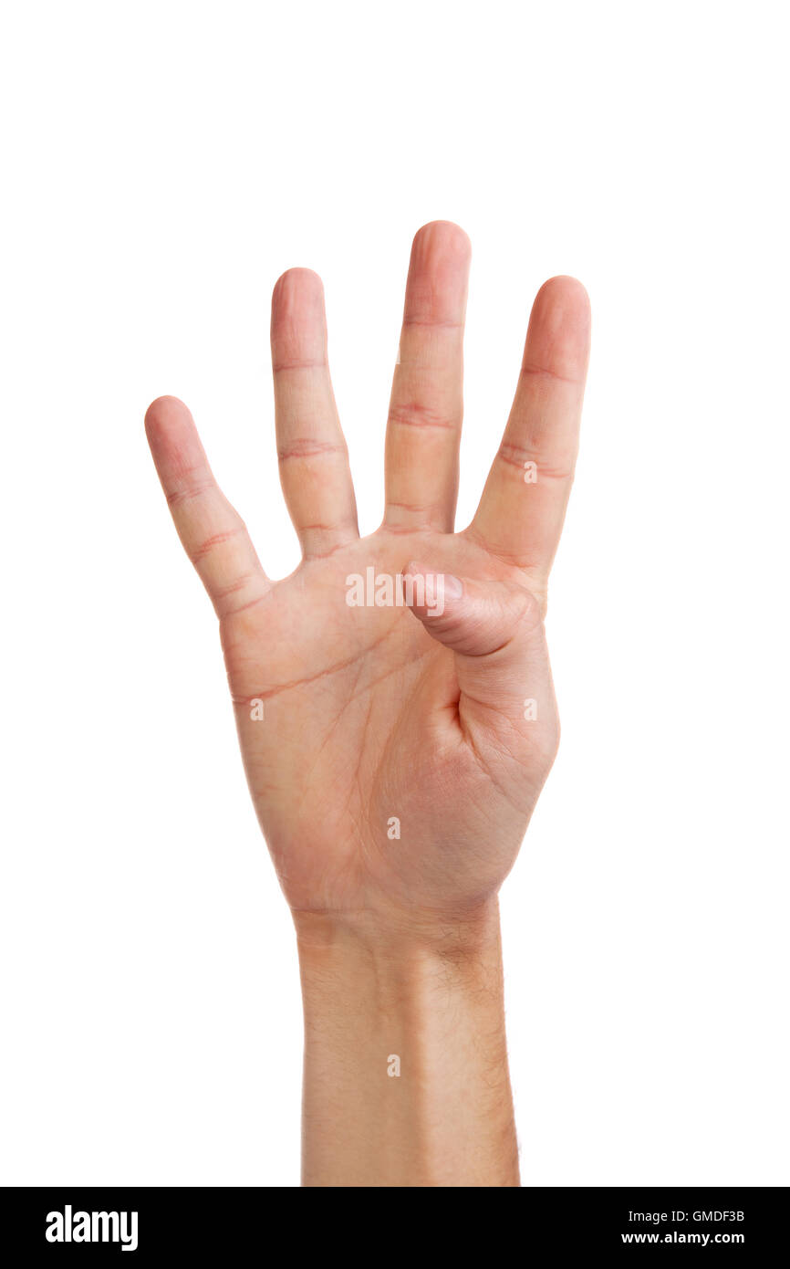 Hand gesture number four closeup isolated on white Stock Photo - Alamy