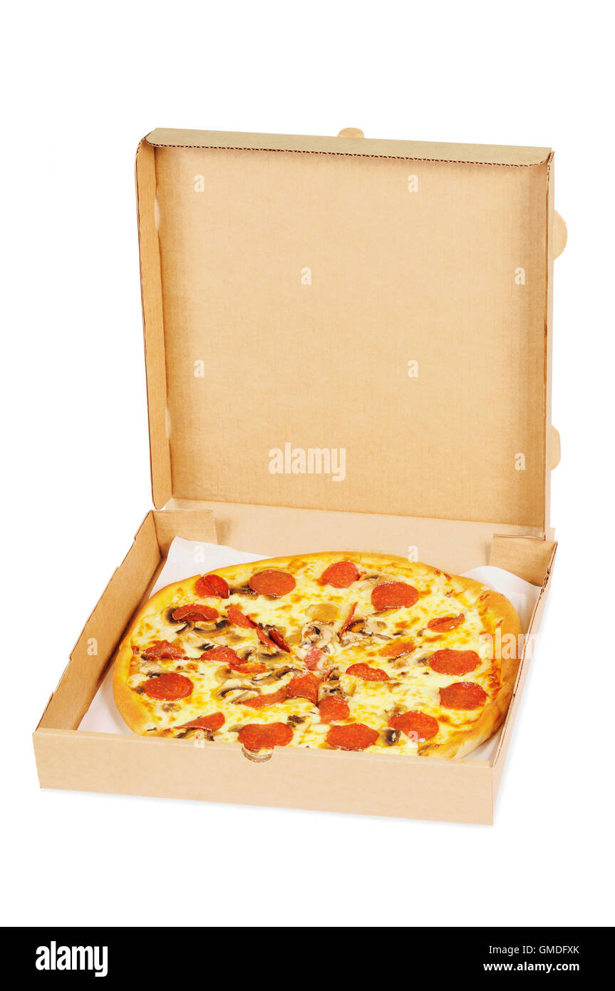 Pizza with pepperoni in a box Stock Photo - Alamy