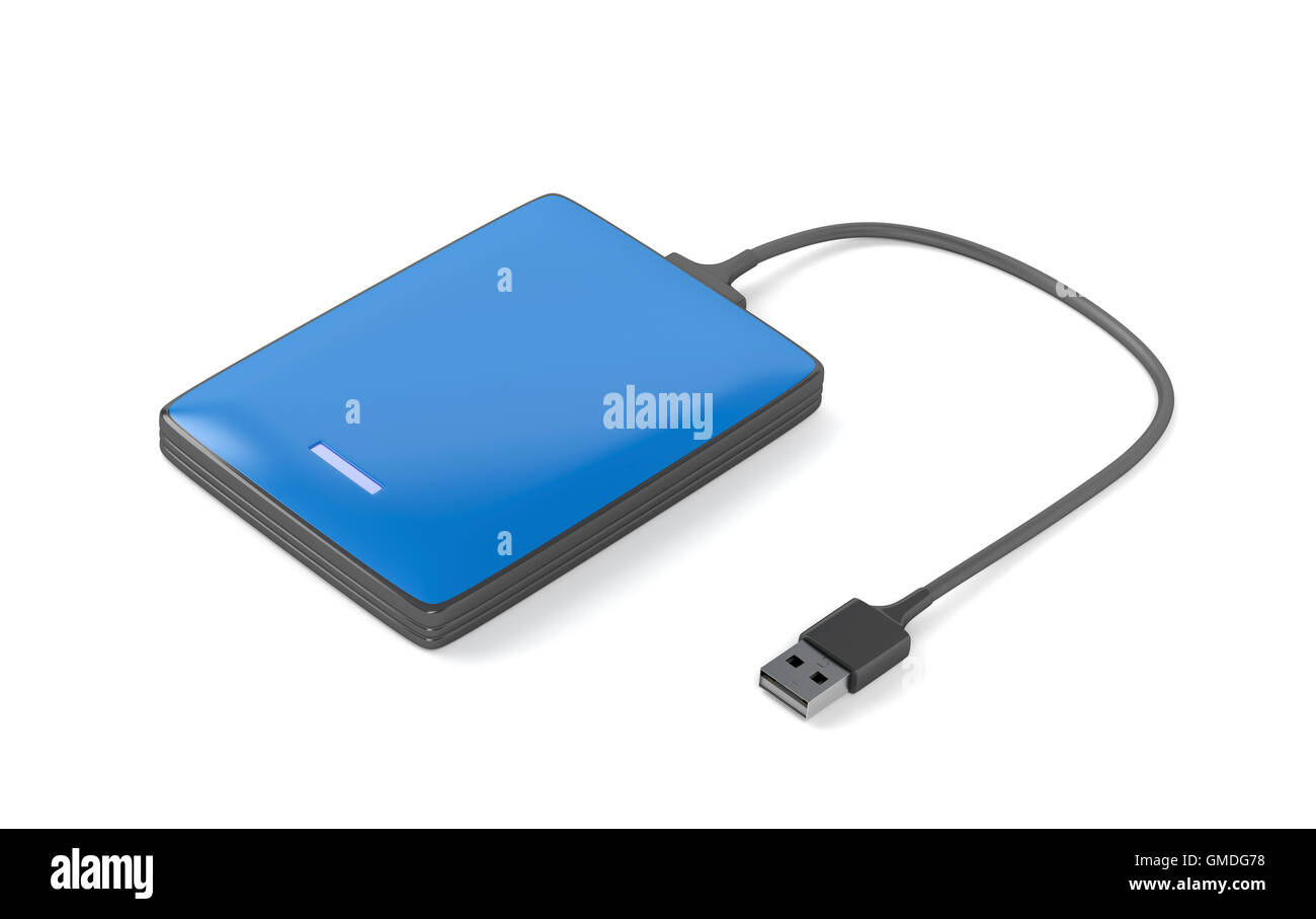 Blue portable hard drive on white background Stock Photo - Alamy