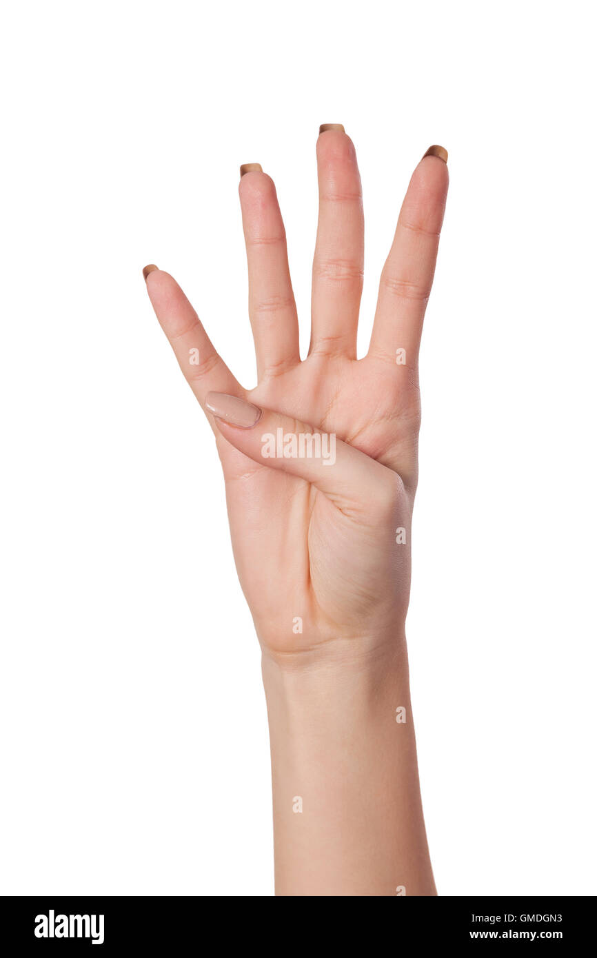 Hand gesture number four closeup isolated on white Stock Photo - Alamy