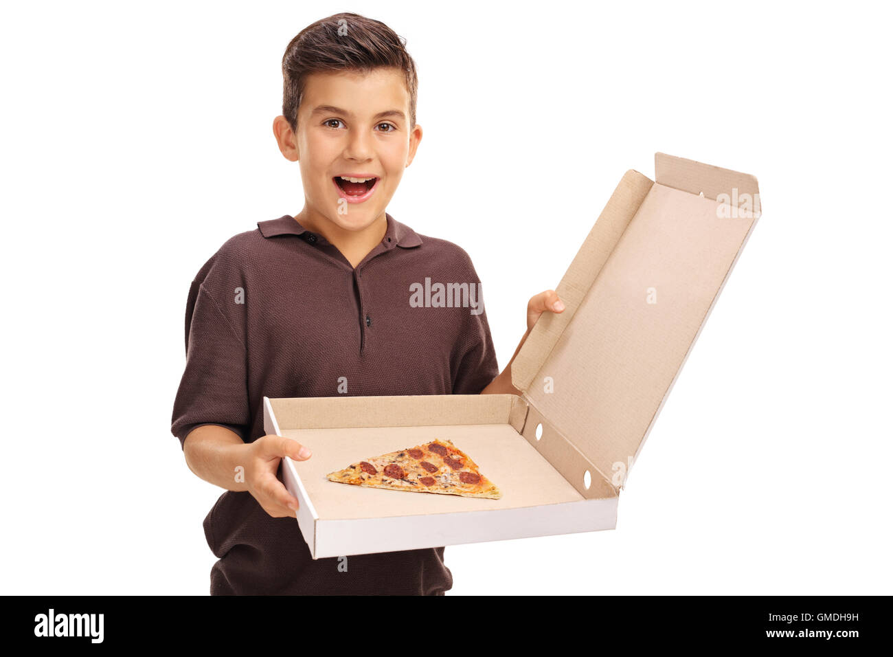 Excited boy holding a pizza box with a single slice isolated on white ...