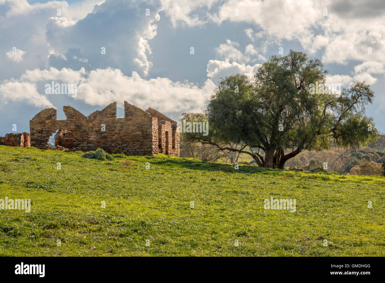 Ruins of an old homestead sits in a farm yard in South Australia's ...