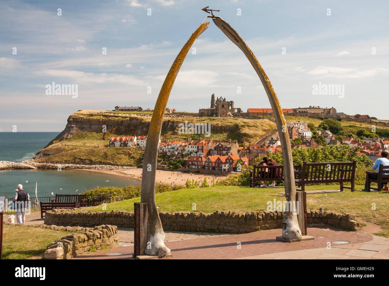 An elevated view of the harbour and east cliffs of Whitby,North ...