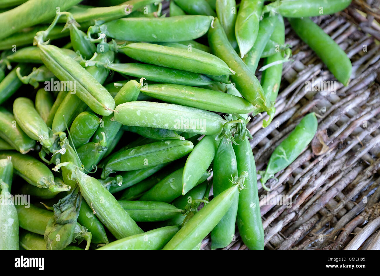 pea pods in wicker basket Stock Photo - Alamy