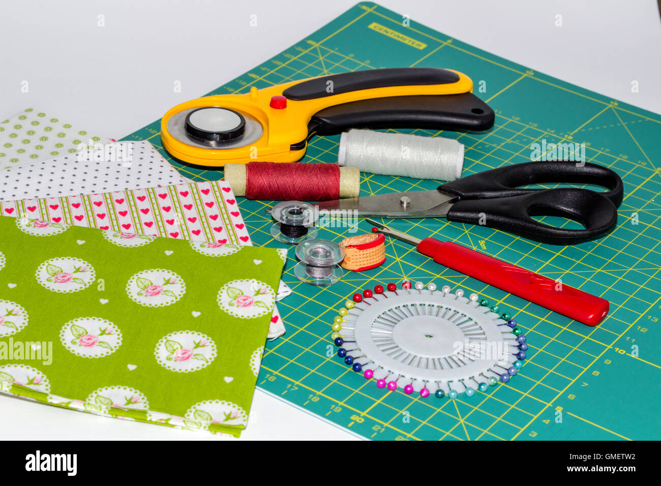 Hobby composition of patchwork instruments, items and fabrics Stock ...