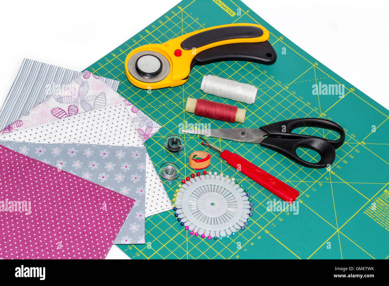 Patchwork instruments, items and fabrics hobby composition Stock Photo ...