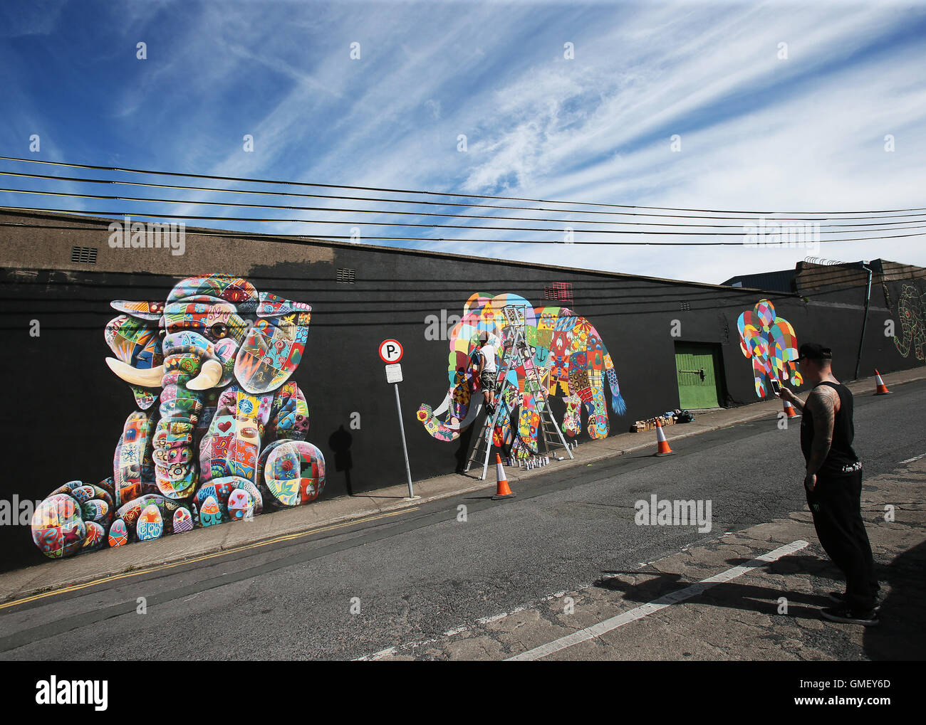UK artist Louis Masai works on a mural highlighting endangered species ...