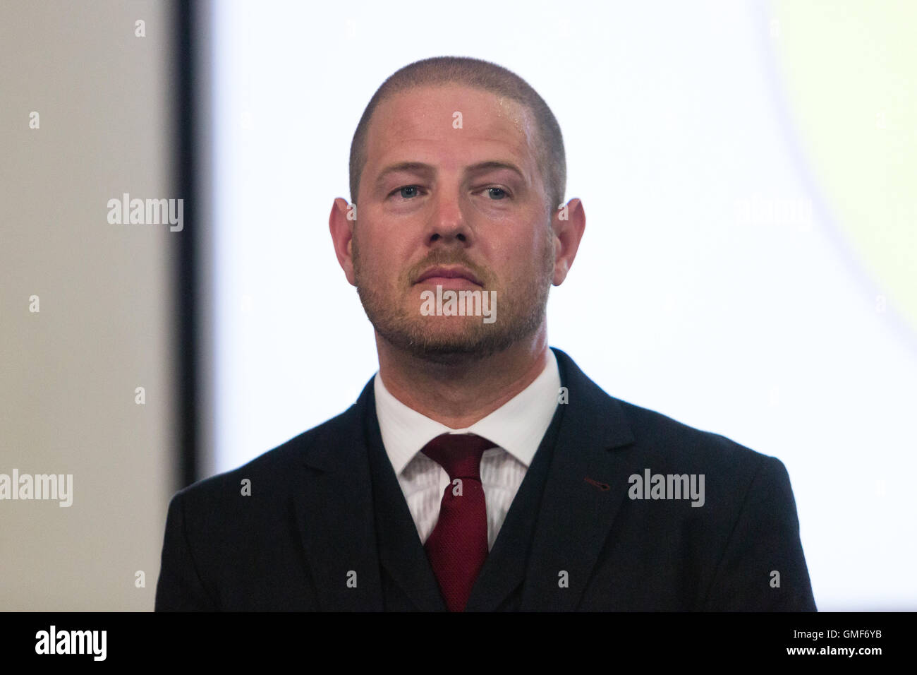 London, UK. 25th August 2016. UKIP chairman, Paul Oakden speaking at ...