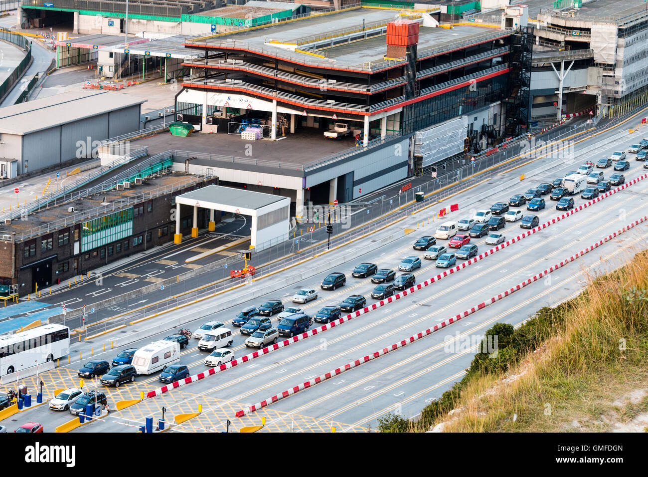 England, Dover, port. Three rows of cars queuing for French passport ...