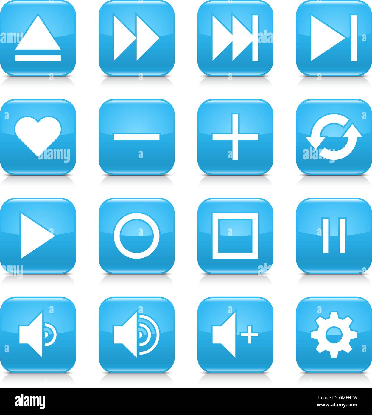 16 media control icon set 06. White sign on blue rounded square button ...