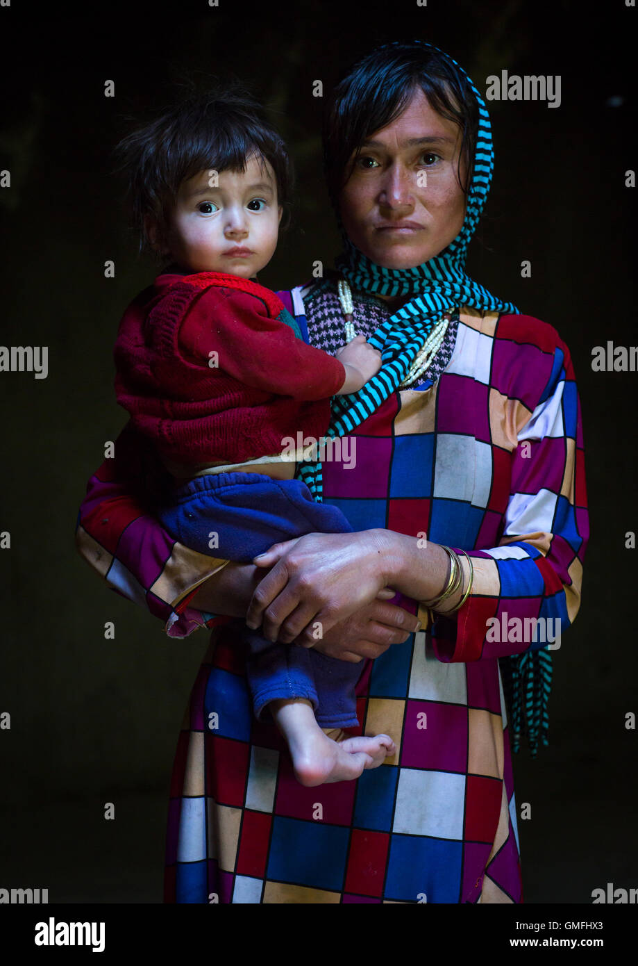 Portrait of an afghan mother with her son, Badakhshan province, Zebak ...