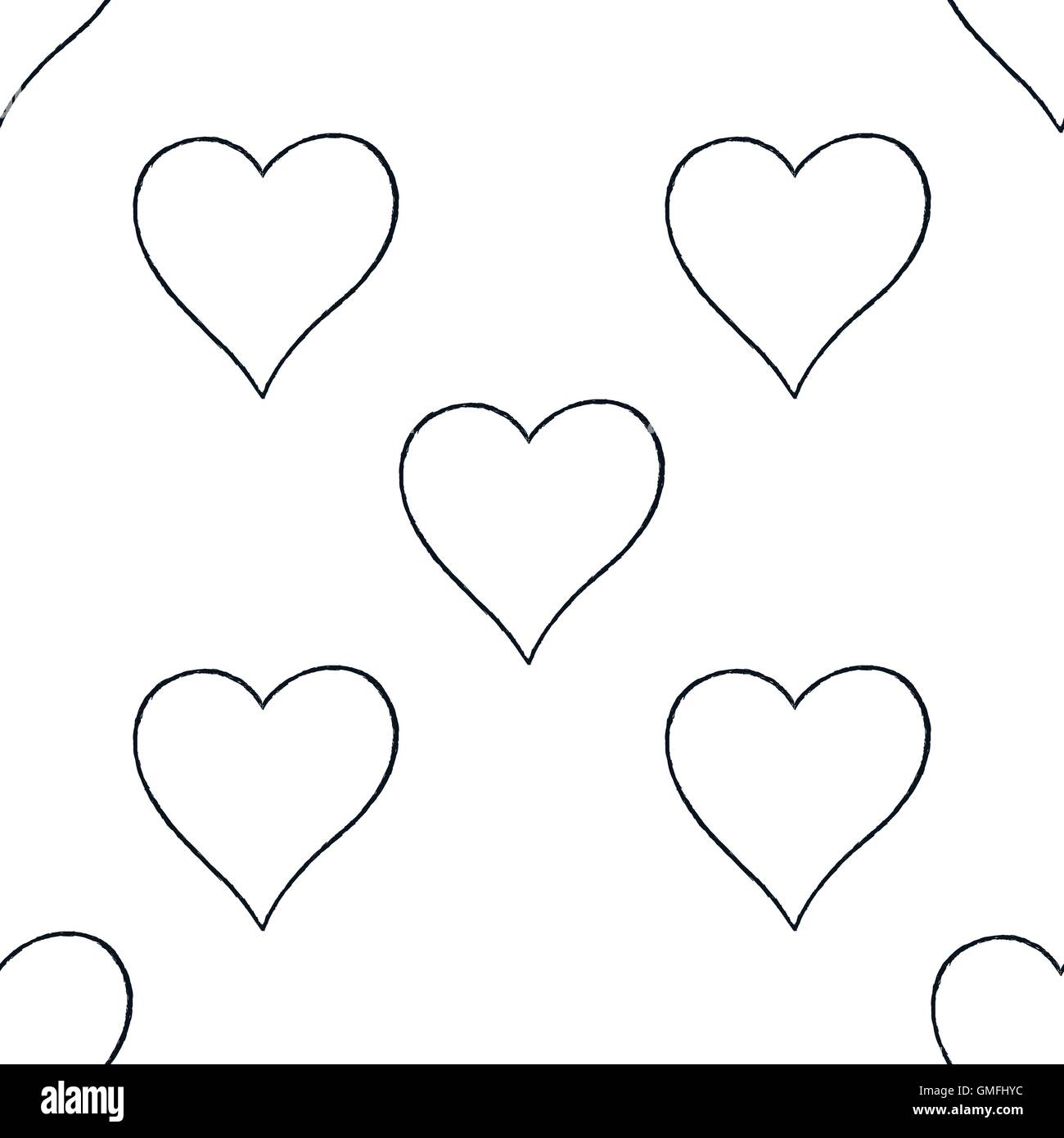Seamless pattern with outline heart sign with black line contour ...