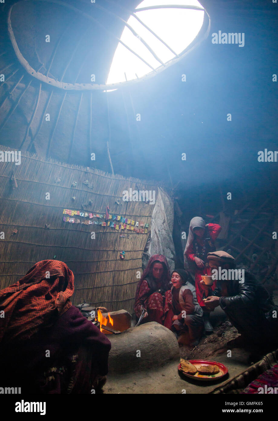 Wakhi nomad family eating breakfast inside their yurt, Big pamir ...