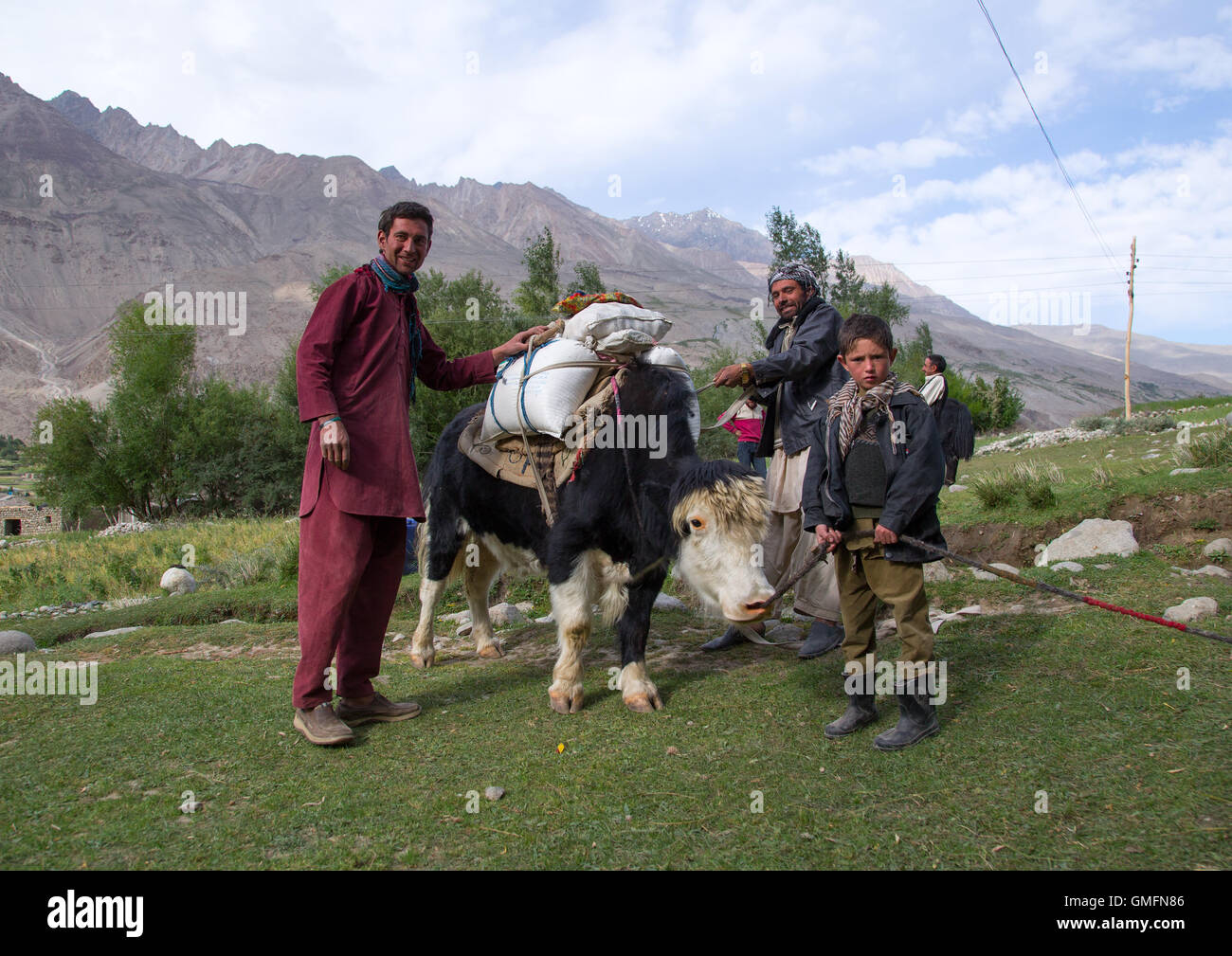 Wakhi men packing yaks for a treck, Badakhshan province, Wuzed ...