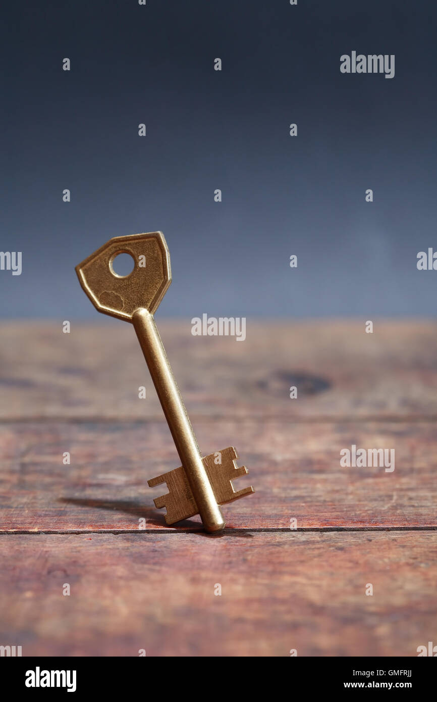 Door key standing on wooden board against dark background Stock Photo ...