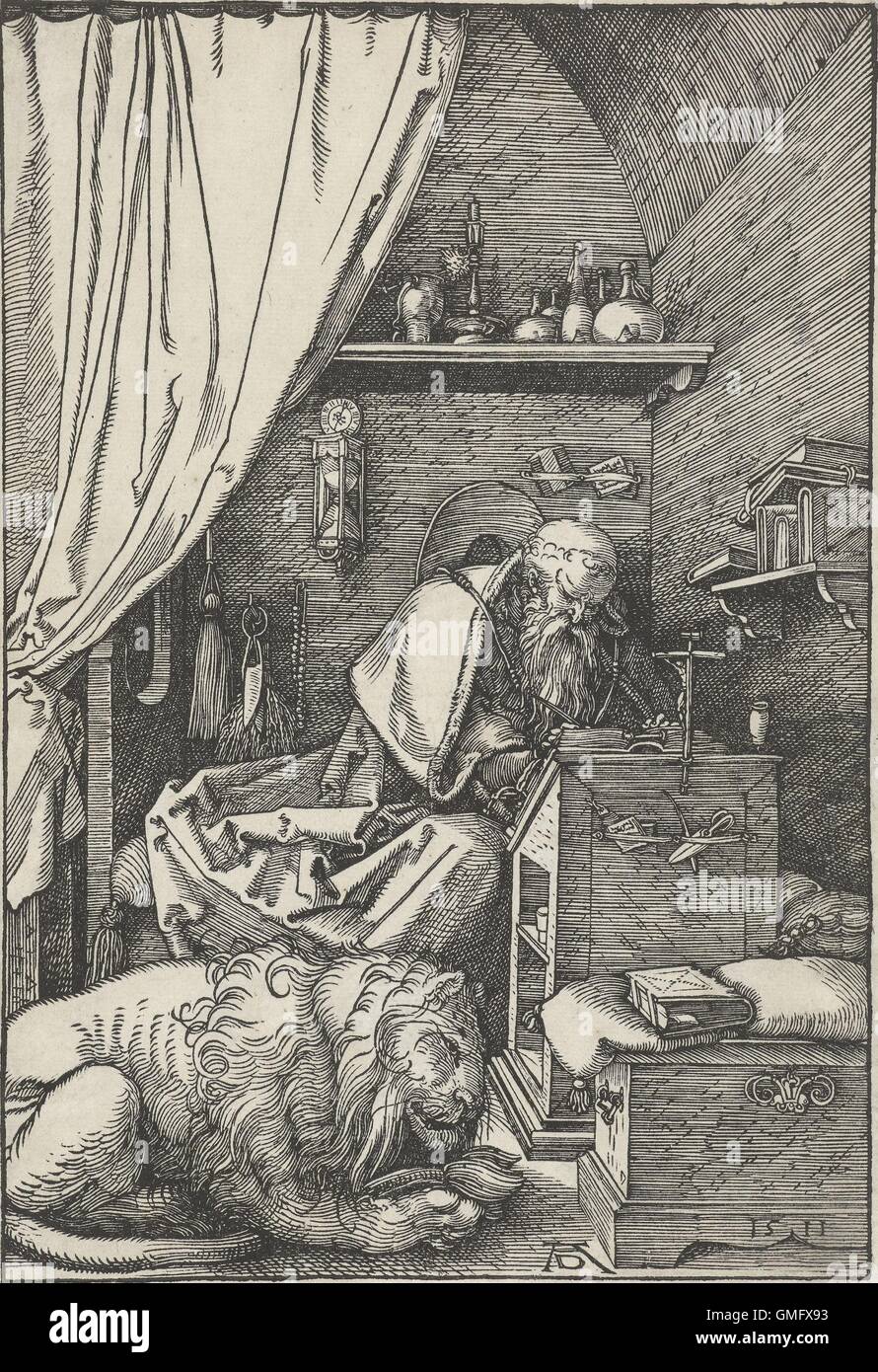 St. Jerome in his Study, by Albrecht Durer, 1511, German print, wood ...