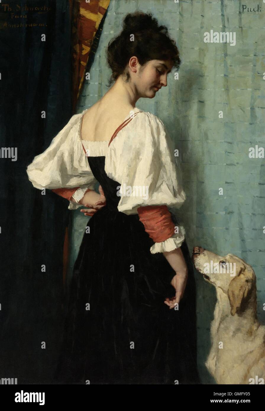 Portrait of a Young Woman, with 'Puck' the Dog, by Therese Schwartze, c ...