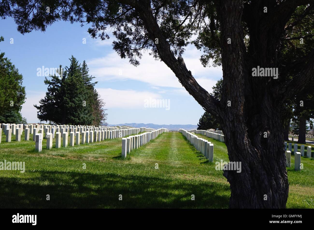 Aligned military tombstones, Custer National Cemetery, Little Bighorn ...