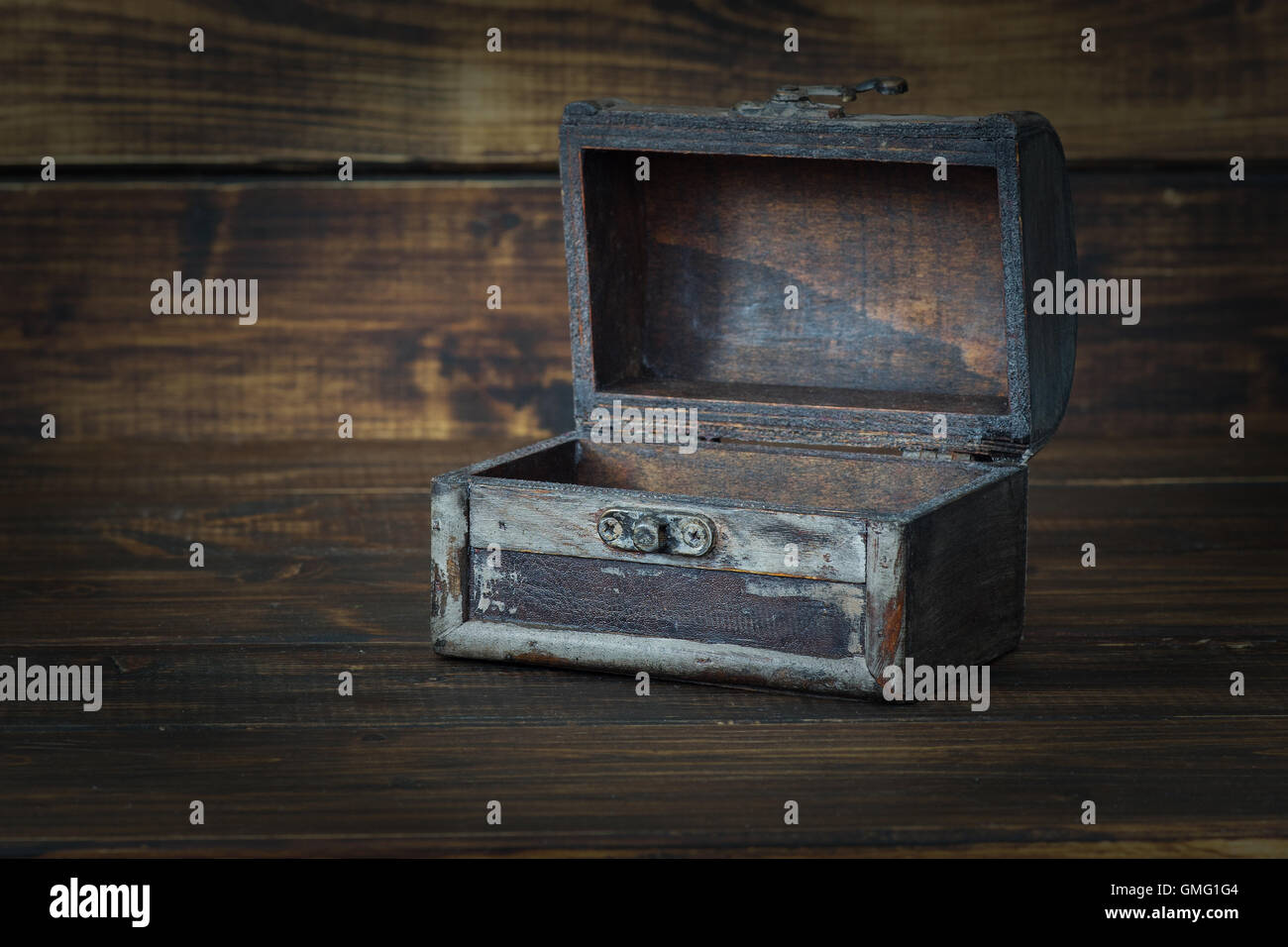 Ancient chest with open lid on wooden background Stock Photo - Alamy