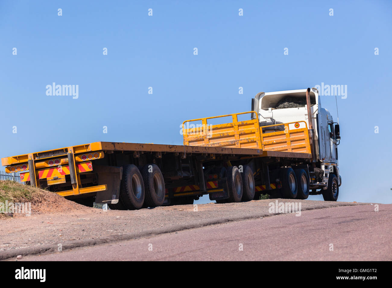 Truck vehicle with yellow trailers awaiting cargo to transport Stock ...